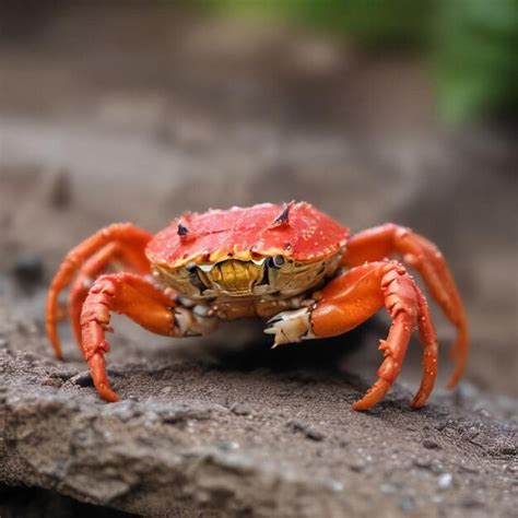 A Crab With A Red Shell On Its Head Sits On A Log Premium Ai