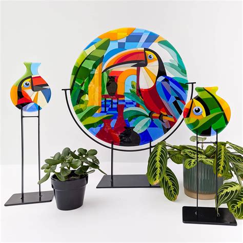 Toucans Large Glass Art Roundel And Miniatures Glass Art By Linda