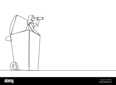 Single Continuous Line Drawing Arabian Businesswoman Emerges From A Wheeled Bin Looking For