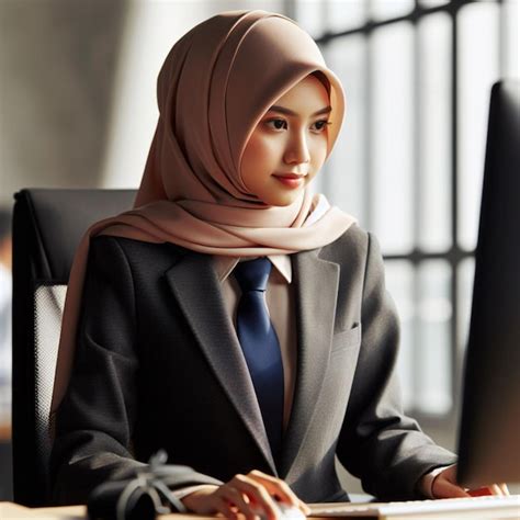 Premium Photo Woman Wearing Hijab Sitting In Office Chair In Front Of A Computer