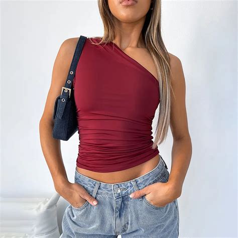 Dozw Однотонная полиэстер футболка на одно плечо | AliExpress