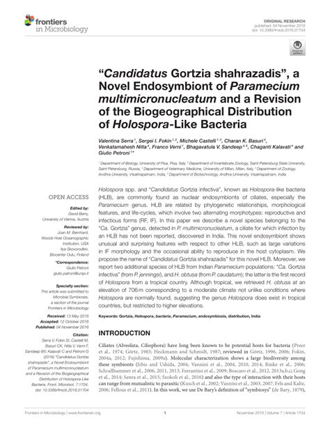 Pdf Candidatus Gortzia Shahrazadis” A Novel Endosymbiont Of Paramecium Multimicronucleatum