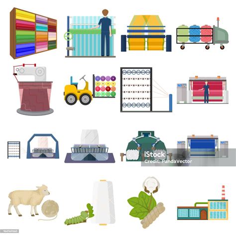 디자인에 대 한 설정된 컬렉션에서 섬유 산업 만화 아이콘 섬유 장비 및 직물 기호 재고 웹 일러스트 벡터 면에 대한 스톡 벡터 아트 및 기타 이미지 Istock
