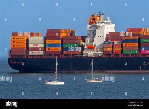 Sailboats Sailing Past Stern Of Container Ship Containership Hudson