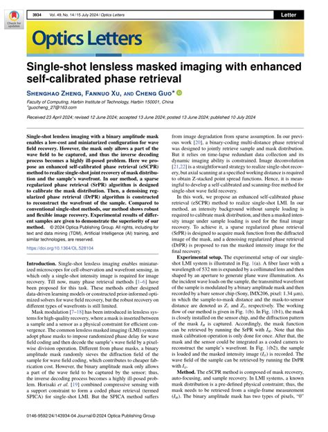Single Shot Lensless Masked Imaging With Enhanced Self Calibrated Phase Retrieval Request Pdf