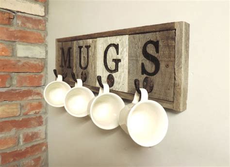 Barn Wood Mug Rack Wall Mount Cup Holder 4 Hooks