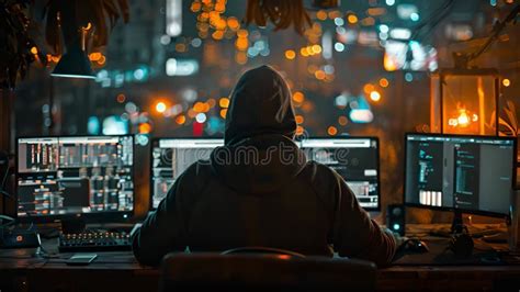 hacker working late at night in front of multiple monitors stock video video of mysterious