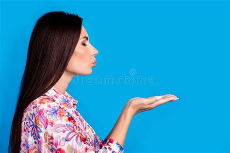 Photo Of Adorable Dreamy Lady Dressed Print Blouse Closed Eyes Sending