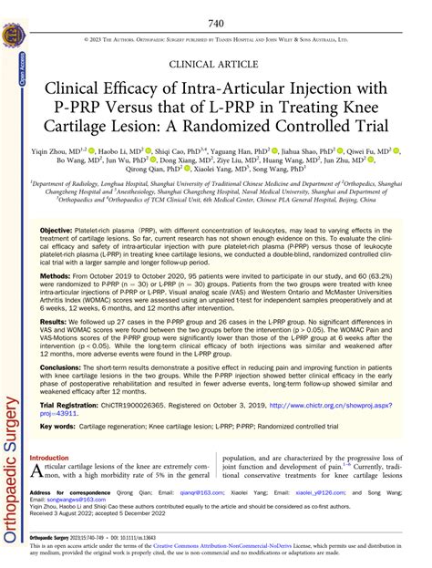 Pdf Clinical Efficacy Of Intra‐articular Injection With P‐prp Versus That Of L‐prp In Treating