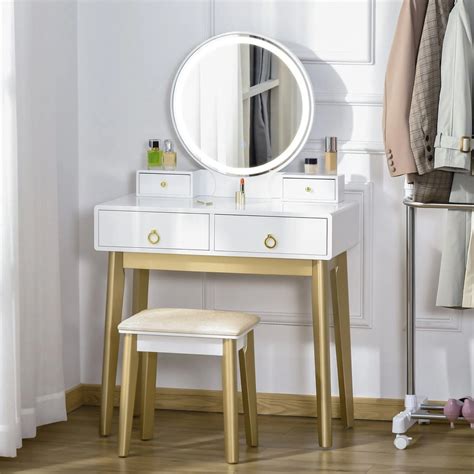 HOMCOM Toucador Espelho Luz LED E Banco Conjunto De Mesa De
