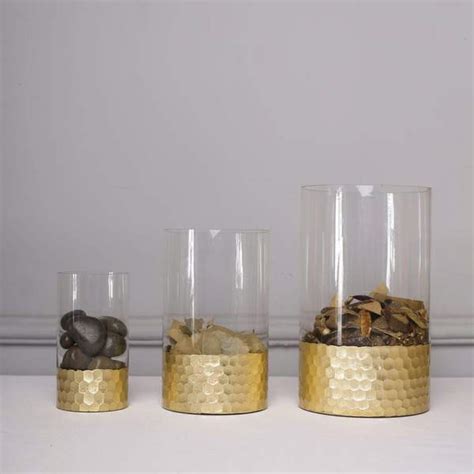 3 Pcs Clear With Gold Honeycomb Trim Glass Cylinder Vases Balsa