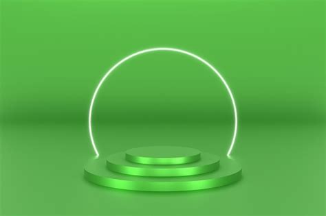 제품 배경 단계 또는 연단을 위한 3d 플랫폼 녹색 및 반지 원형 네온 백색 색깔을 가진 빈 전시 플랫폼 3d 일러스트레이션 렌더링 0명에 대한 스톡 사진 및 기타 이미지