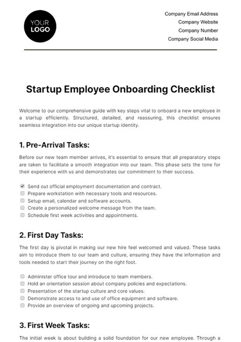 Free Startup Employee Onboarding Checklist Template To Edit Online