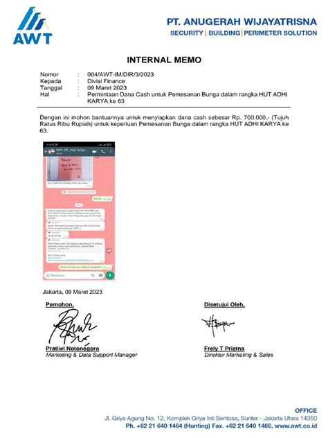 Approval Internal Memo Awt Pemesanan Bunga Hut Adhi 63 For Finance