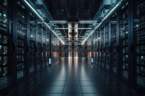 Data Center With Endless Rows Of Servers And Blinking Lights Stock