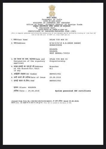 Import Export Code Import Export Certificate Manufacturer From Kolkata