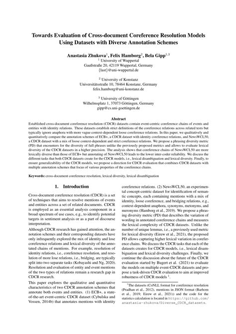 Pdf Towards Evaluation Of Cross Document Coreference Resolution Models Using Datasets With