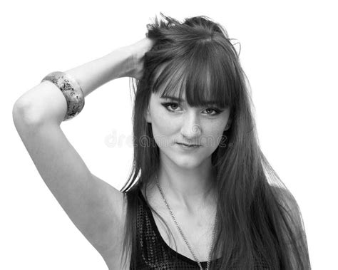 Zwart Wit Portret Van Glamour Jong Meisje Met Mooi Lang Haar Stock Foto