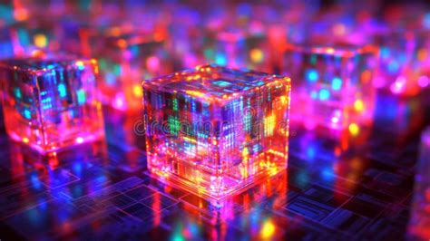 Luminous Glass Cubes With Circuitry Pattern And Rainbow Lights Stock
