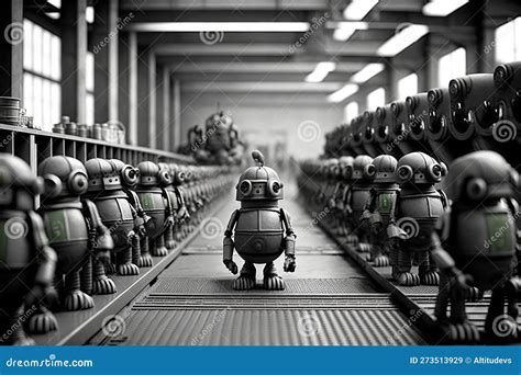Factory With Line Of Androids Moving Through Assembly Process Stock