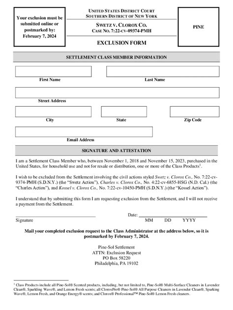 Fillable Online Exclusion From Pine Sol Settlement Fax Email Print