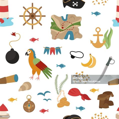 검은 깃발 동전 세이버 보석 지도 물고기 등대와 원활한 해적 패턴 바다 항해와 보물 사냥의 벡터 그림 배경 주제에 대한 스톡 벡터 아트 및 기타 이미지 Istock