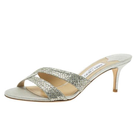 Jimmy Choo Silver Metallic Leather And Glitter Fabric Sandals Size 41