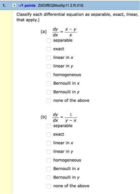 Solved 1 1 Points Zilldiffeqmodap11 2 R 018 Classify Each
