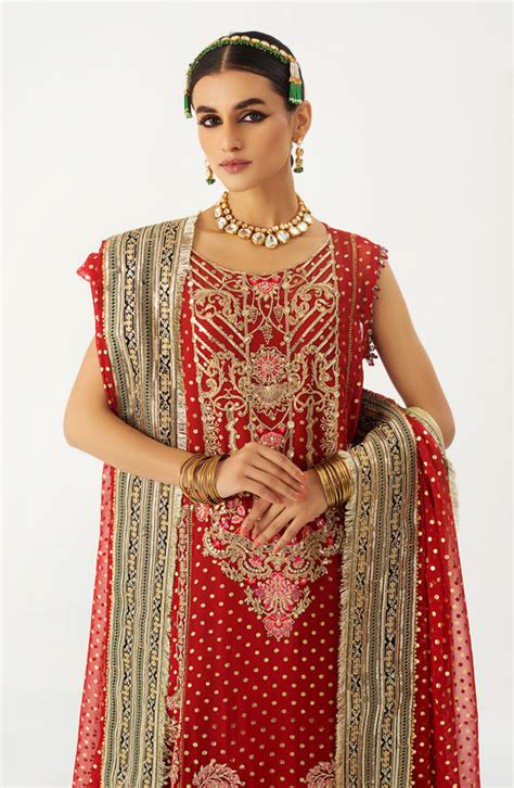Kameez Trouser Dupatta Red Pakistani Wedding Dress Nameera By Farooq