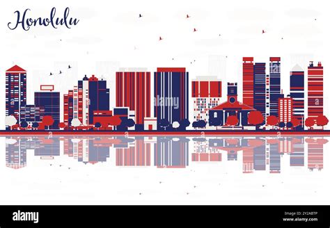 Honolulu Hawaii City Skyline With Color Buildings And Reflections