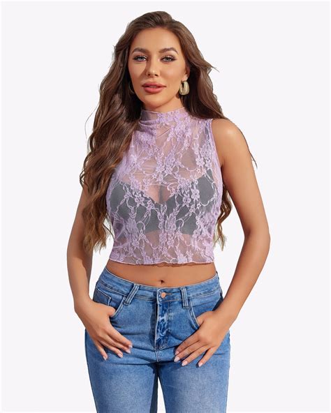 Mock Neck Lace Floral See Through Tank Avidlove New