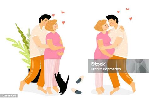 집에서 행복 하 고 임신 사랑하는 부부는 곧 어머니와 아버지가되기를 기다리고 아기 범프를 껴안고 젊은 남편과 아내 임신에 대한