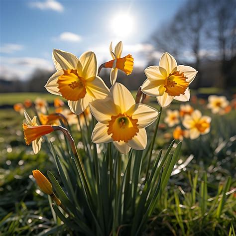 Narcisos Iluminados Pelo Sol Em Um Campo Amarelo Brilhante E Lente