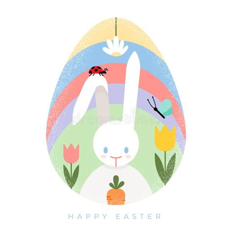 Happy Easter Landscape With Bunny Tulip Flowers Rainbow And Animals