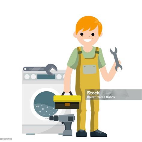 배관공은 세탁기를 수리합니다 가전 제품의 고장 손에 도구 상자 세탁 문제 렌치 도구를 가진 작업자 서비스 및 수정 공구상자에 대한 스톡 벡터 아트 및 기타 이미지 Istock