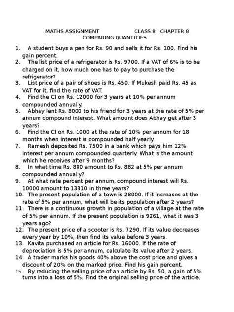Maths Assignment Class 8 Chapter 8 Comparing Quantities A Student Buys A