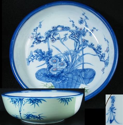 古伊万里 染付・色絵 花籠四君子文大鉢 深丘製 幅：25cm 明治～大正22h099品牌价格图片代购帮