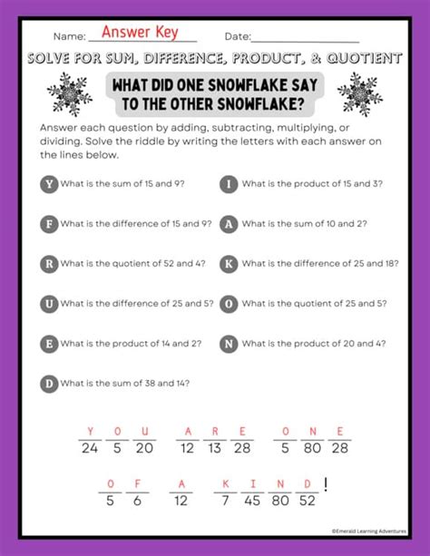 Winter Math Riddle Solve From Words Sum Difference Product Quotient