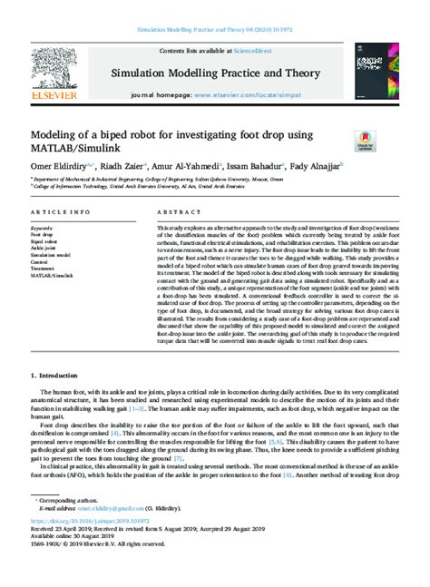 Pdf Modeling Of A Biped Robot For Investigating Foot Drop Using Matlabsimulink Amur Al