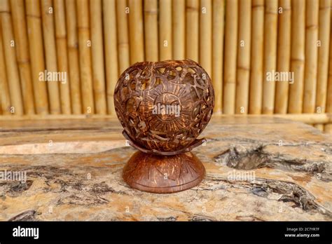 Coconut Shell Carving Handicraft Of Indigenous People In Bali Indonesia Shelve With Balinese