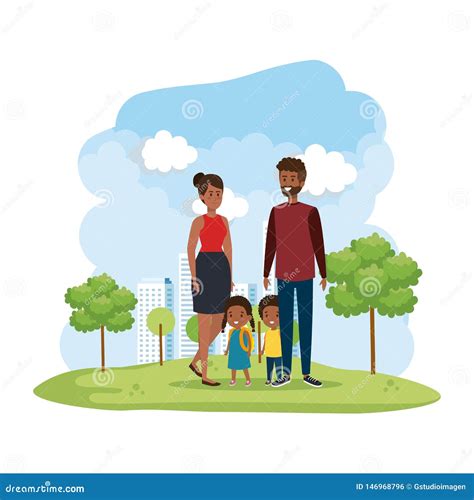 Afro Parents Couple With Daughter And Son In The Park Stock