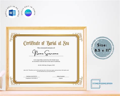 Editable Certificate Of Burial Template Award Template Printable Certificate Editable With