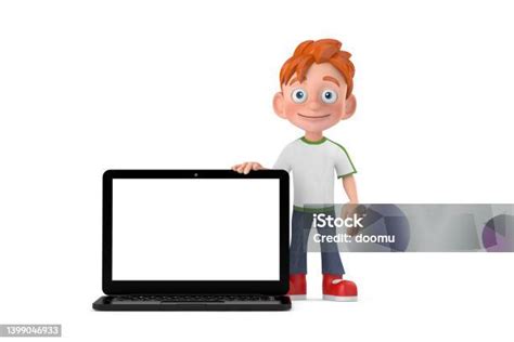 만화 작은 소년 십대 사람 캐릭터 마스코트 현대 노트북 컴퓨터 노트북과 디자인을위한 빈 화면 3d 렌더링 Lcd에 대한 스톡 사진 및 기타 이미지 Istock