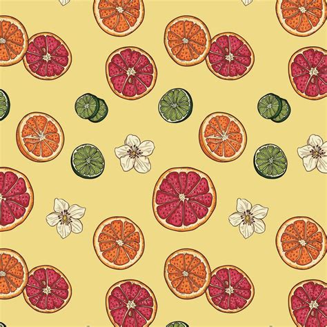 Citrus Fruit Pattern And Flowers On Yellow Background 66399899 Vector Art At Vecteezy