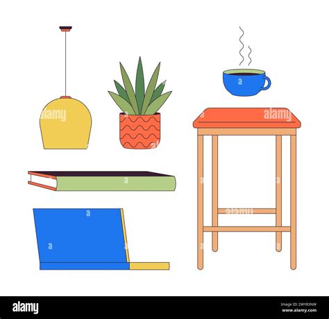 Home Workplace Interior Details D Linear Cartoon Objects Set Stock