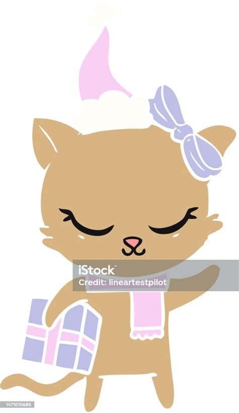 산타 모자를 쓰고 있는 고양이의 귀여운 손으로 그린 평면 색상 그림 0명에 대한 스톡 벡터 아트 및 기타 이미지 0명
