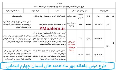 طرح درس ماهانه هدیه های آسمان چهارم ابتدایی ماه مهر