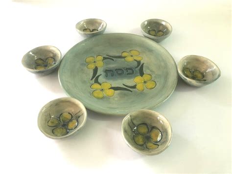 Passover Seder Plate Setceramic Round Tray With 6 Serving Bowls