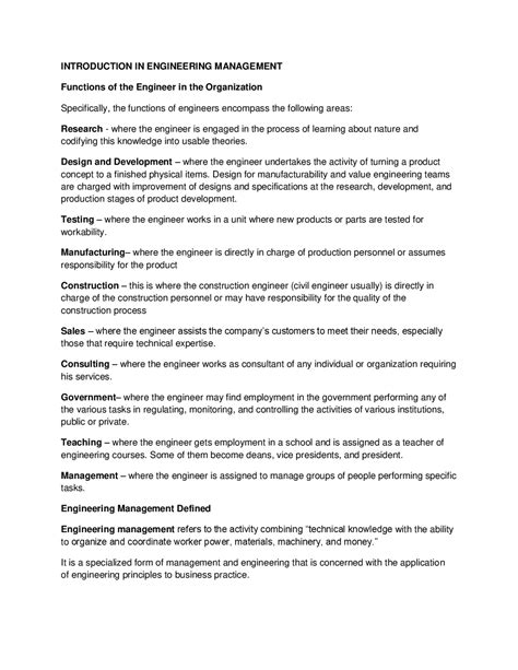 Introduction In Engineering Management Lecture Notes Engineering