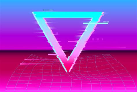 Synthwave 네온 레이저 그리드와 스타일에 미래의 기하학적 세부 사항 글리치 효과 Vhs 복고풍 기화 기 벡터 일러스트 레이 션 디자인 도시 전사에 대한 스톡 벡터